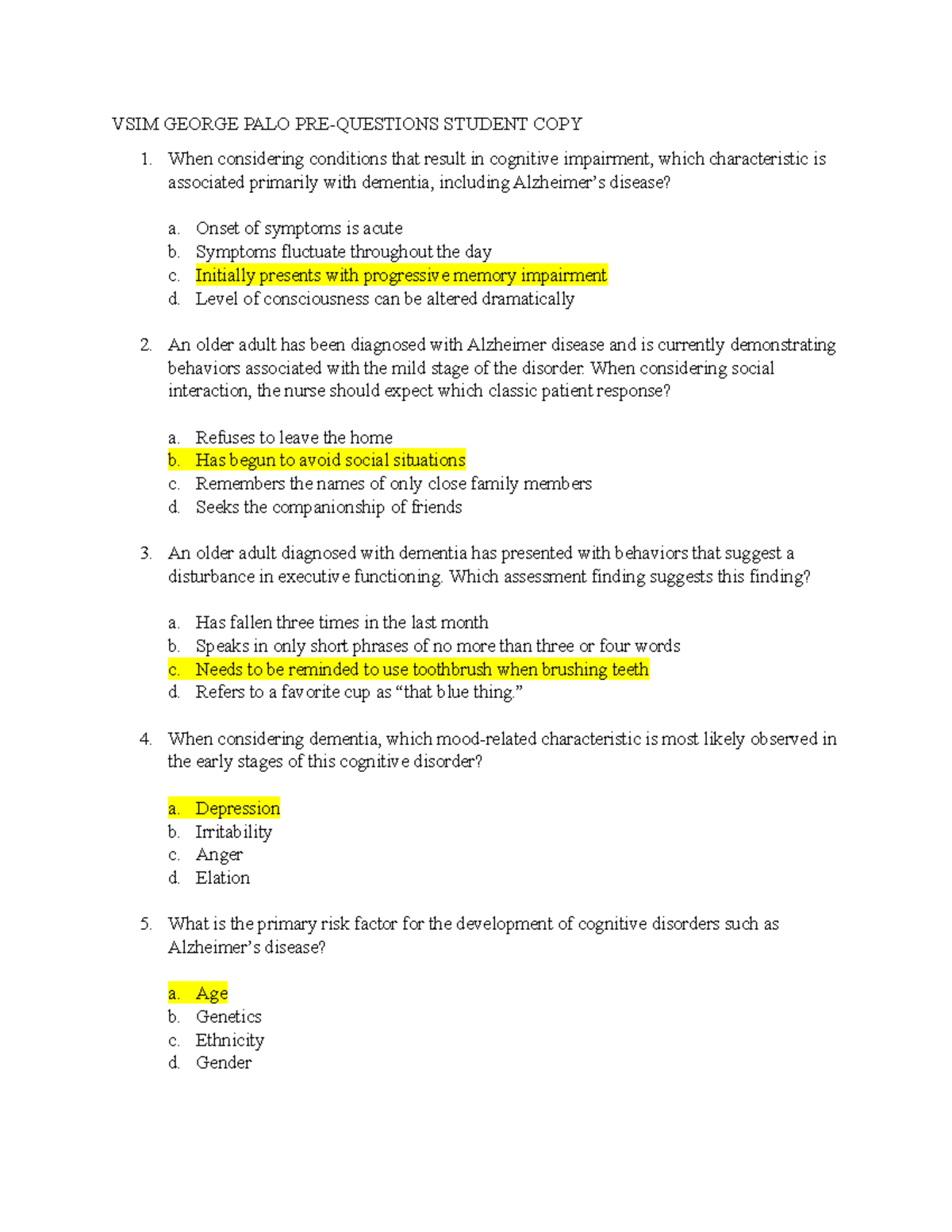 VSIM GEORGE PALO PRE Exam Questions: A Student Guide - Studocu