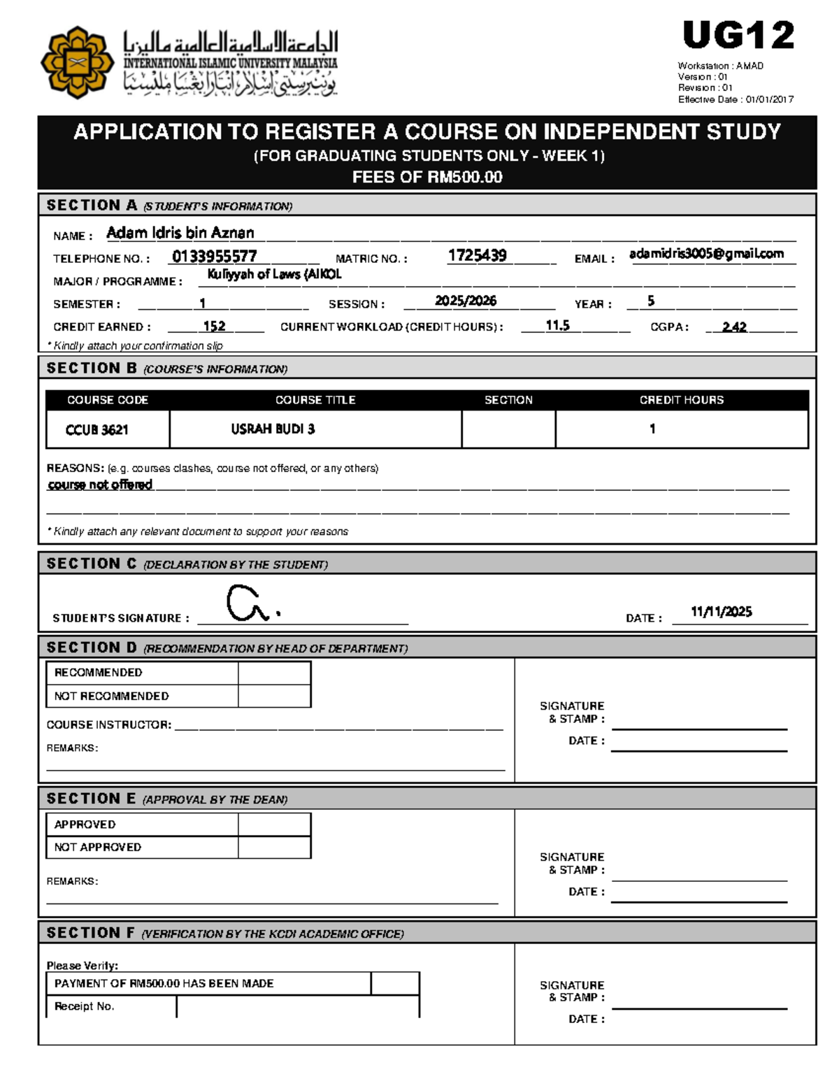 UG12 Application for Independent Study Course Registration - Studocu