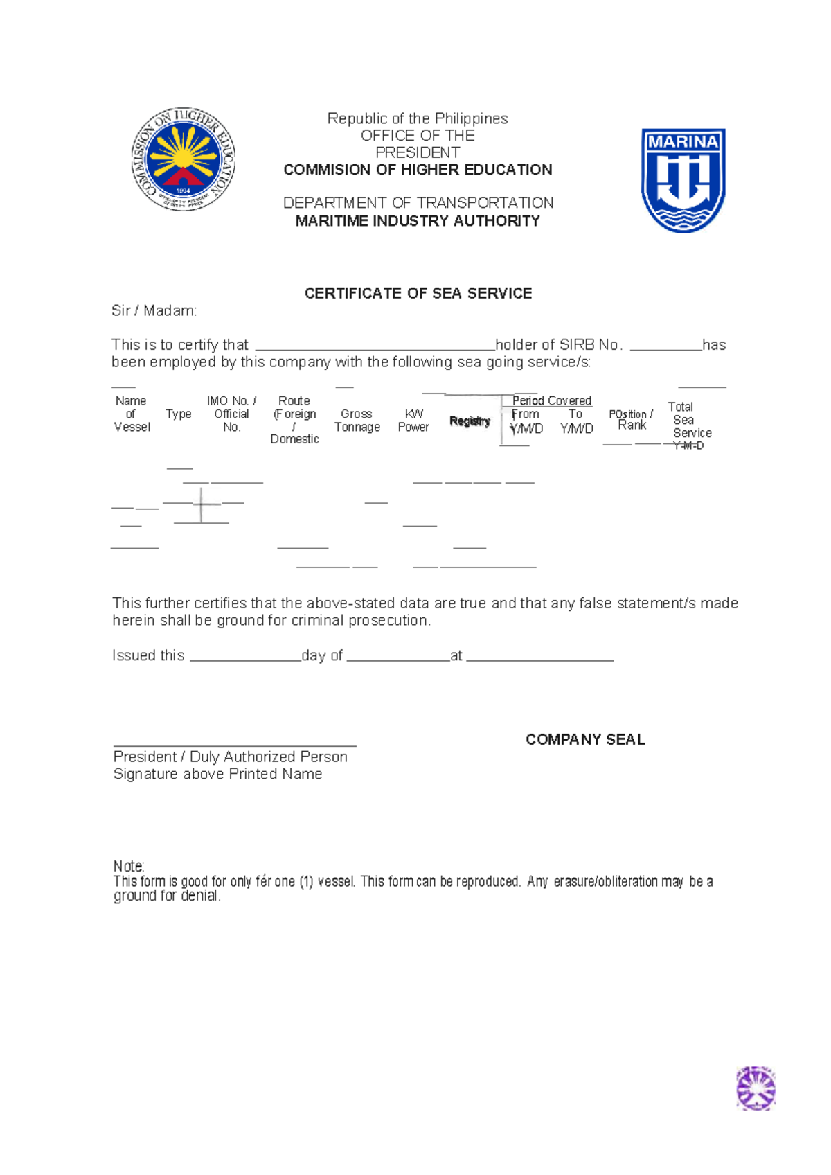 Certificate of Sea Service - SIRB No. and Vessel Details - Studocu