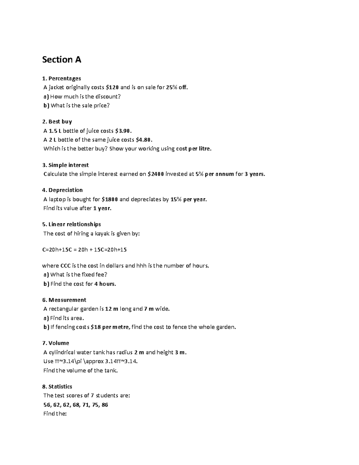 Maths Standard Practice: Section A Questions & Solutions - Studocu