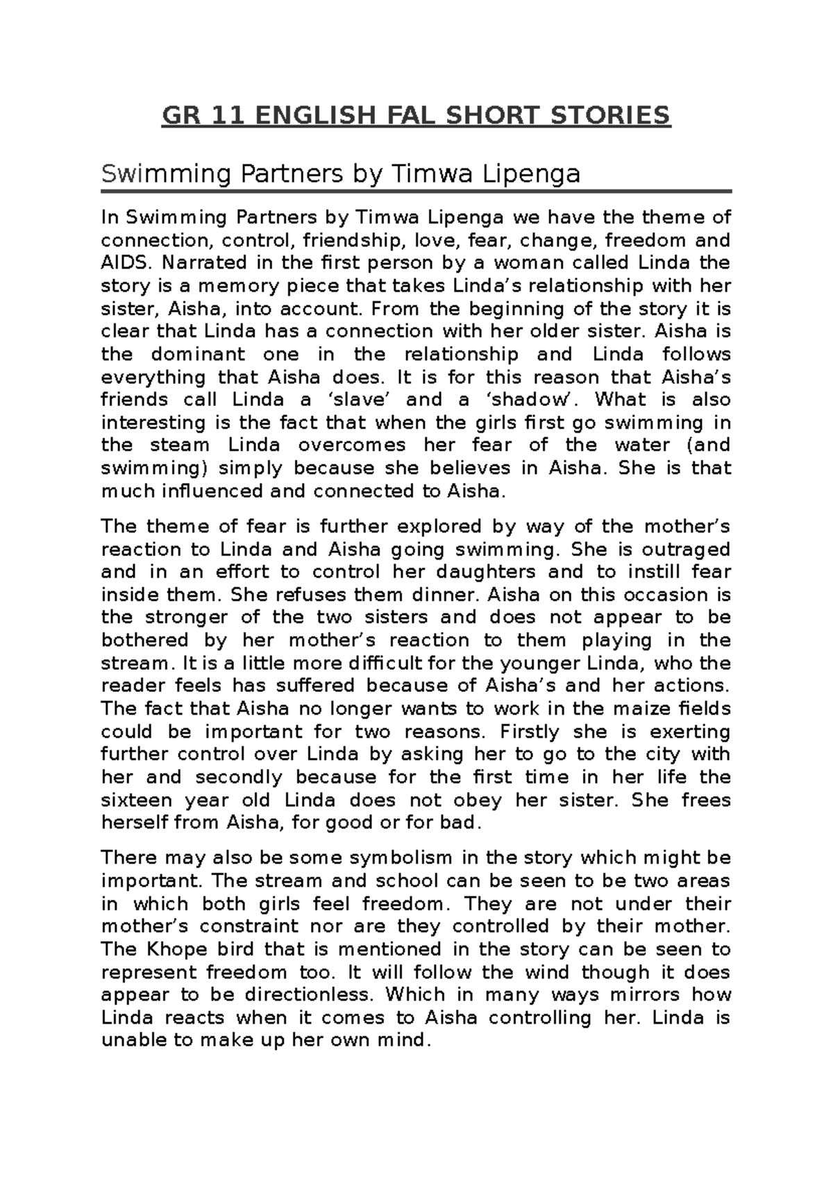 GR 11 ENGLISH FAL SHORT STORIES ANALYSIS T1 - Studocu