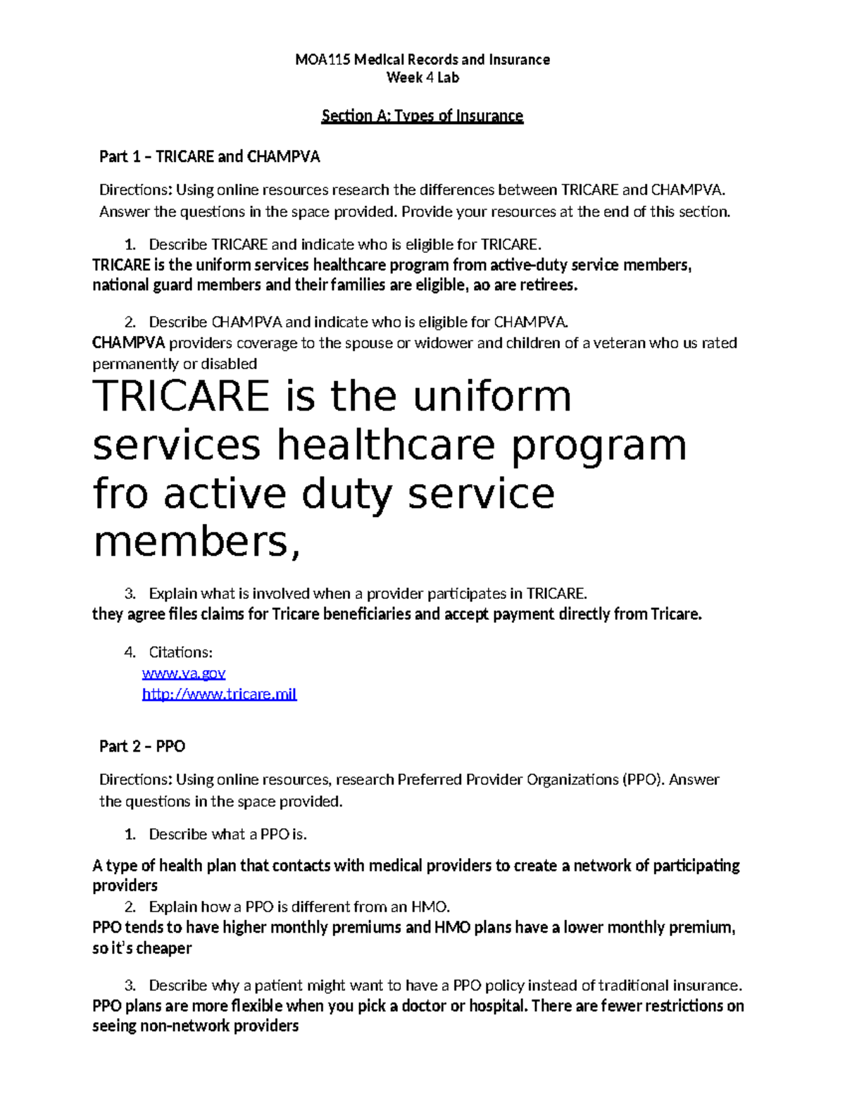 MOA115 Medical Records & Insurance Week 4 Lab: TRICARE vs. CHAMPVA ...