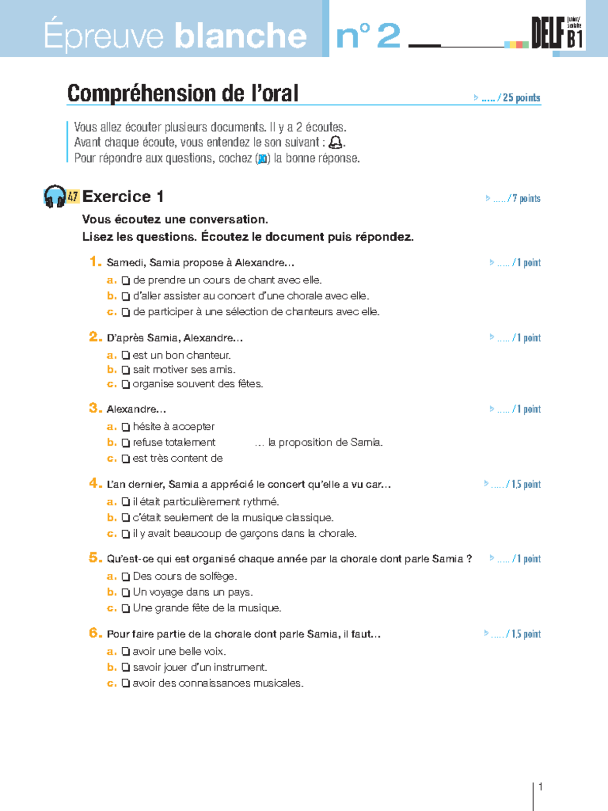 DELF B1 SJ NF Épreuve blanche 2 - Compréhension orale et écrite - Studocu