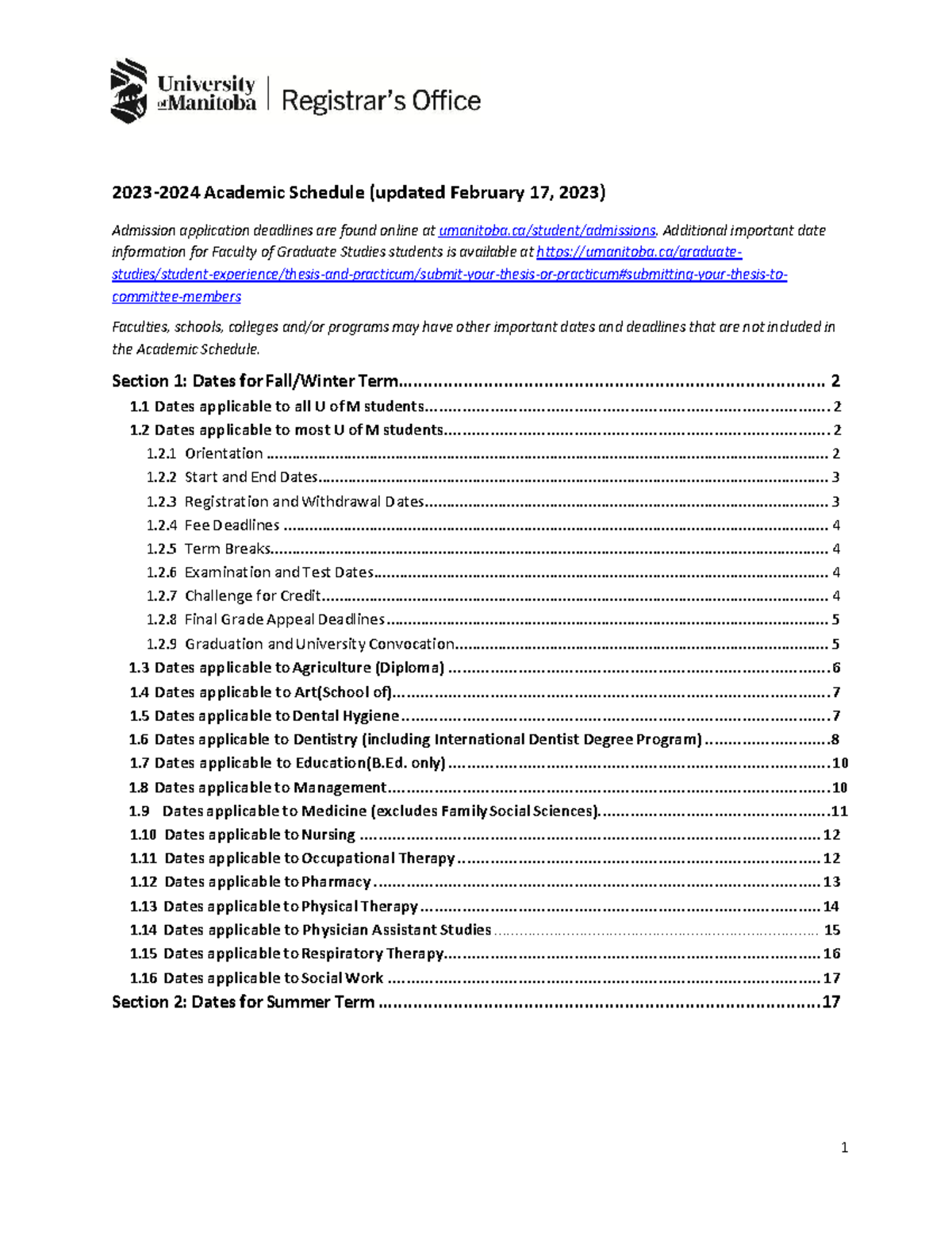 2023-2024 University of Manitoba Academic Schedule Update - Studocu