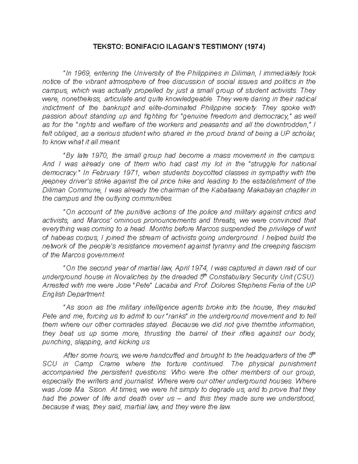 Testimony of Bonifacio Ilagan: Account of Martial Law Torture (1974 ...