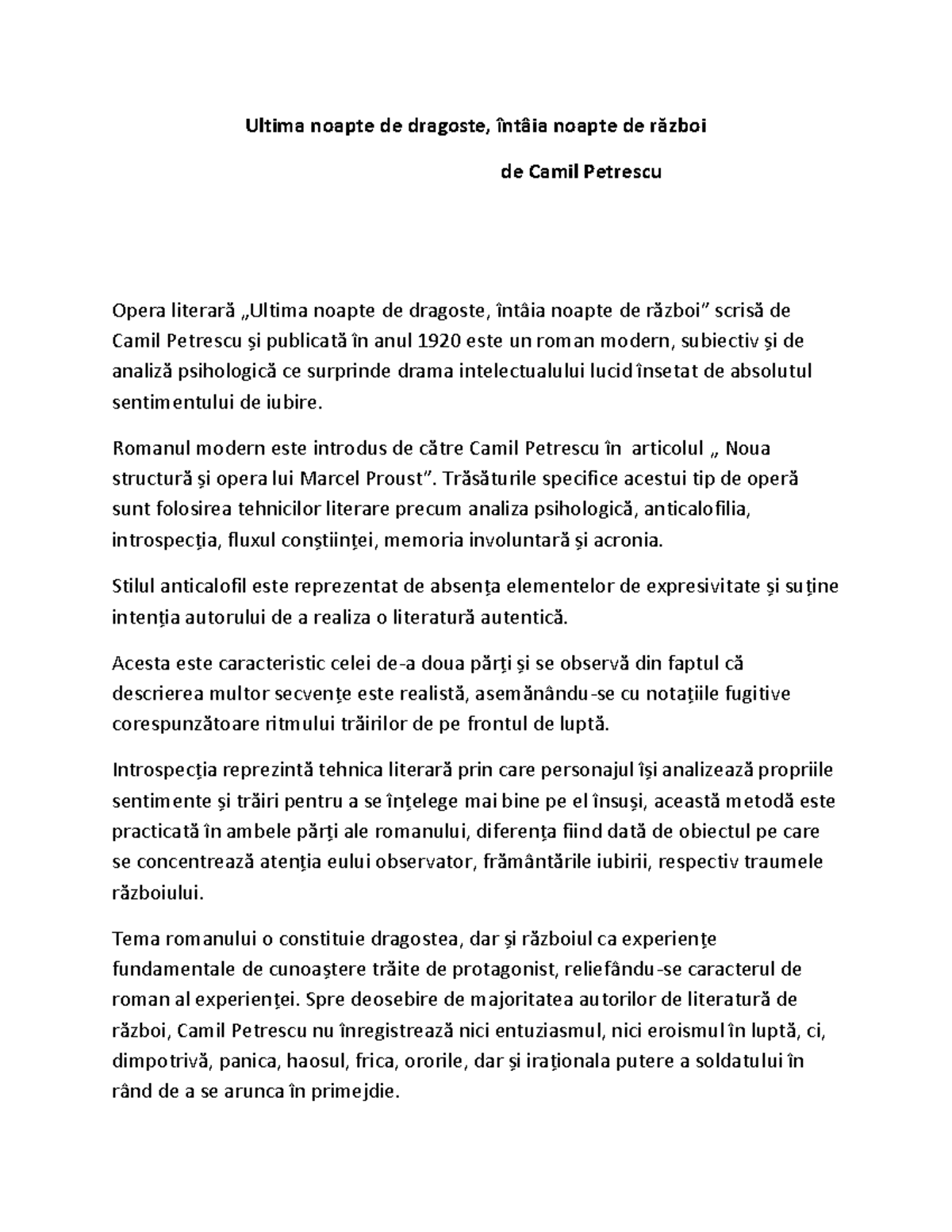 Analiza romanului "Ultima noapte de dragoste, întâia noapte de război ...