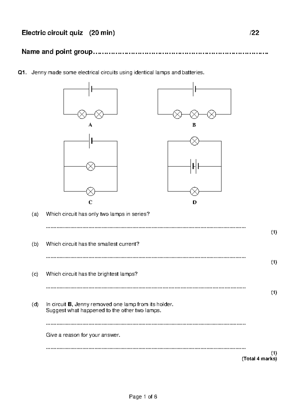 Y9 Physics Circuits Quiz - Electric Circuit Concepts and Problem ...