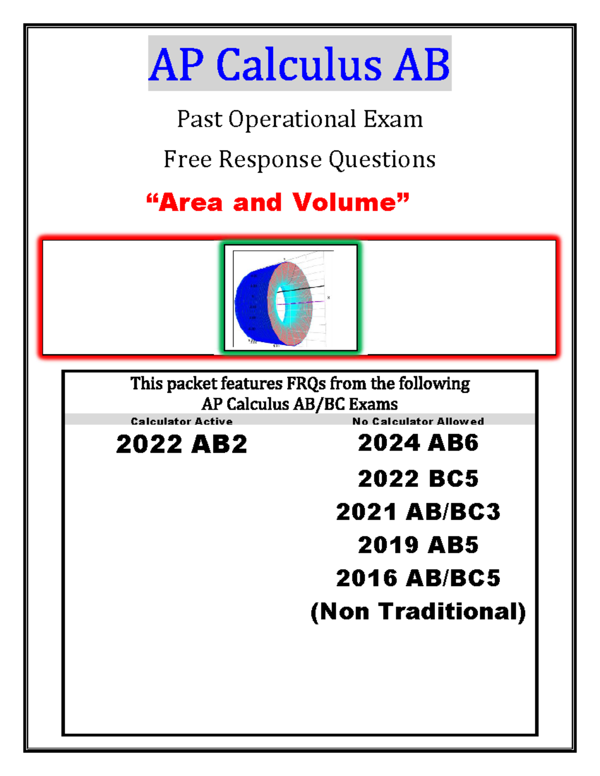 AP Calculus AB Area & Volume Review: Free Response Questions 2016-2024 ...