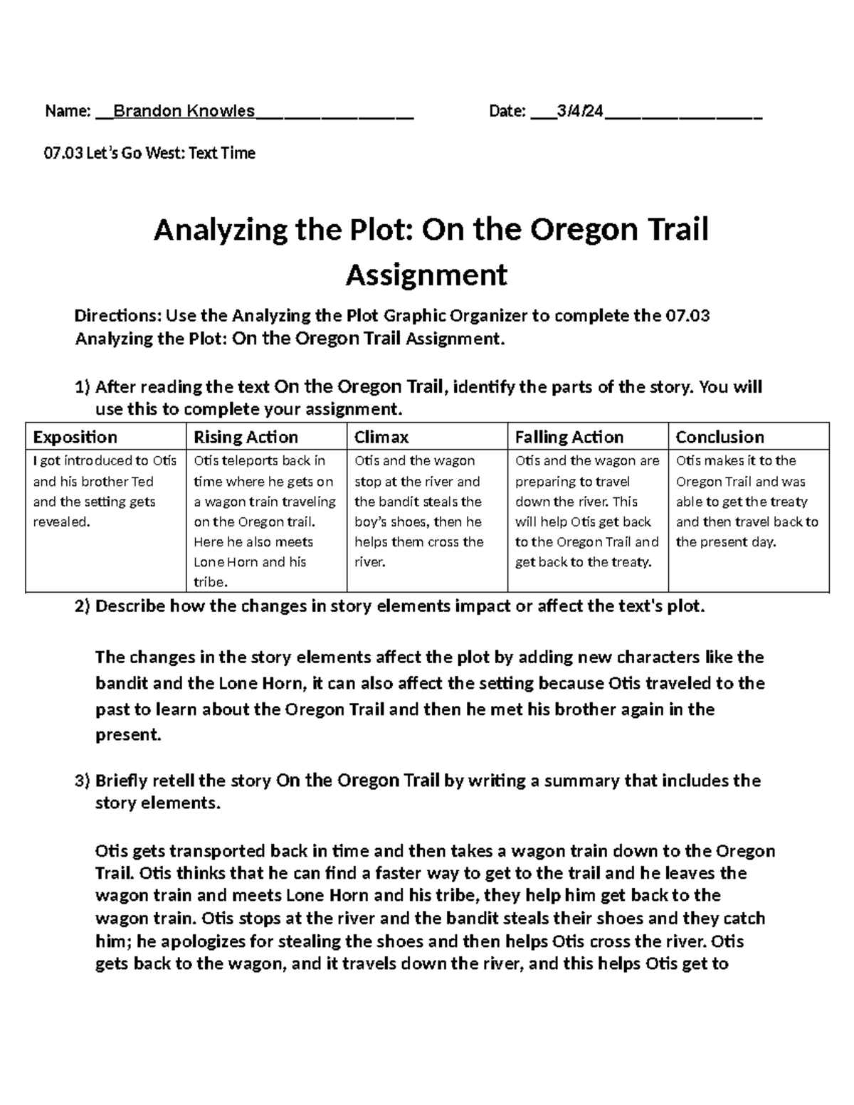 Analyzing the Plot Assignment for LA 5: On the Oregon Trail - Studocu