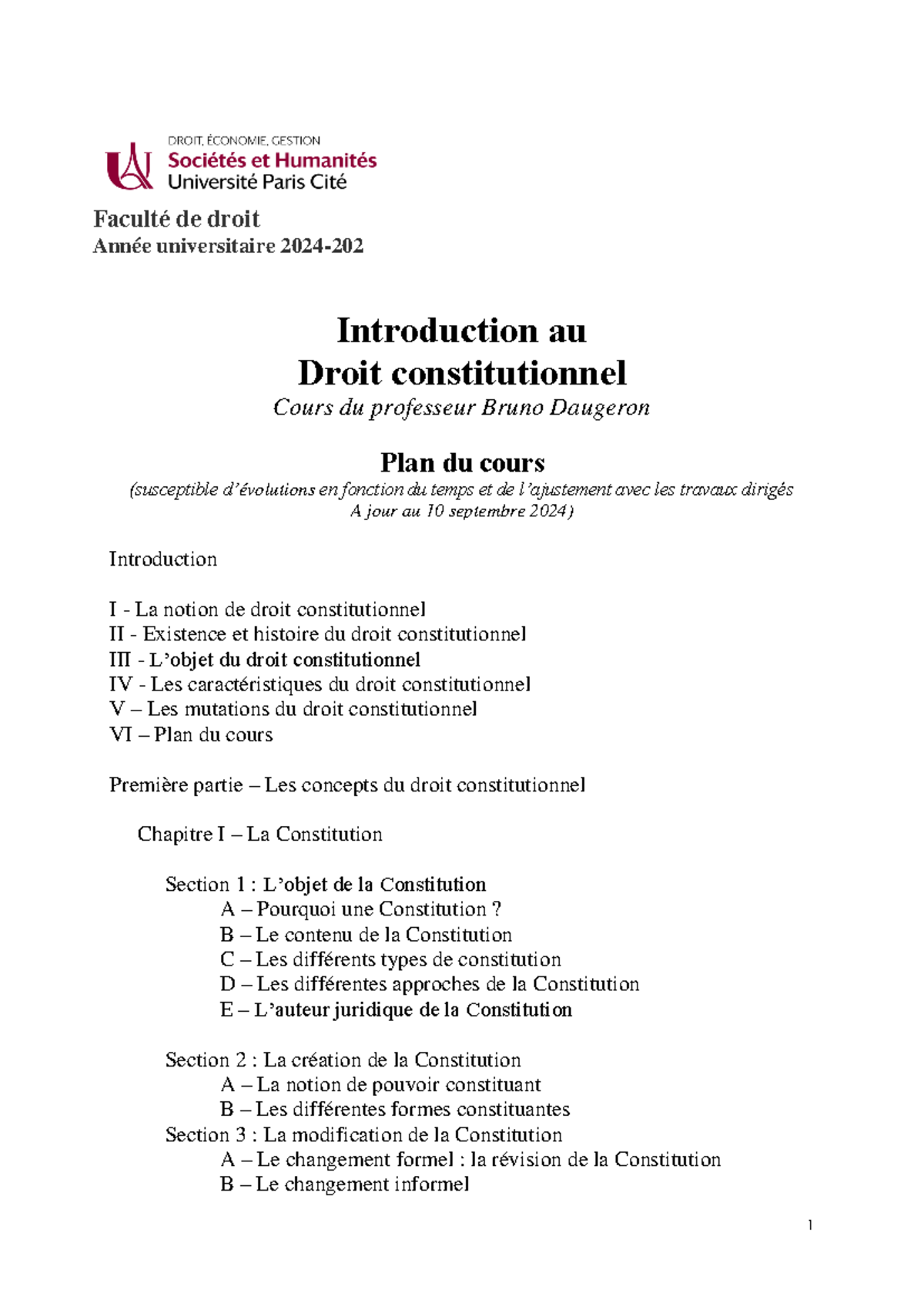 Plan de cours Introduction au droit constitutionnel UPB Daugeron 2024-2025 - Faculté de droit ...