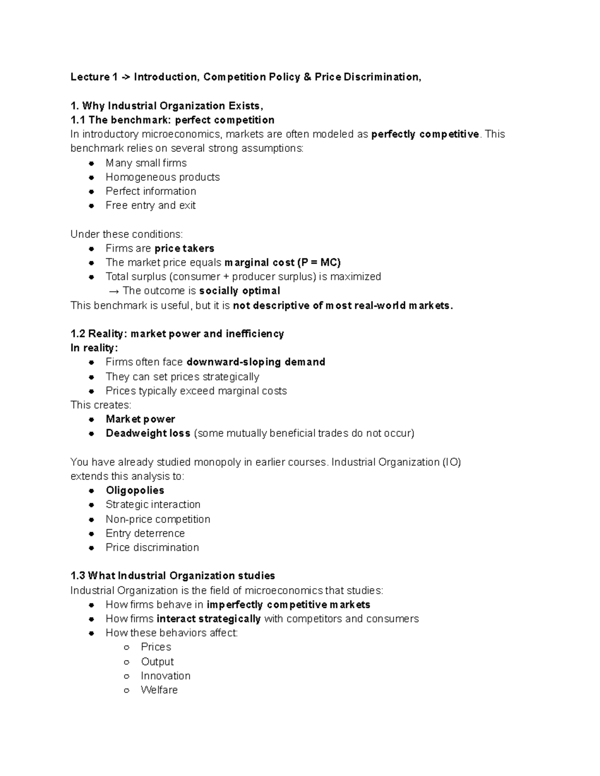 Lecture 1 Summary: Introduction to Competition Policy & Price ...