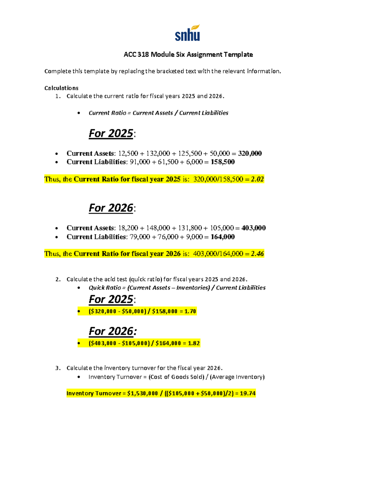 ACC 318 Module Six Assignment: Financial Ratios and Analysis Template ...