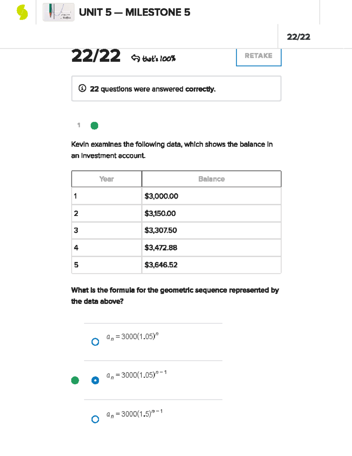 Algebra unit 5 milestone 5 - UNIT 5 MILESTONE 5 RETAKE i 22 questions ...
