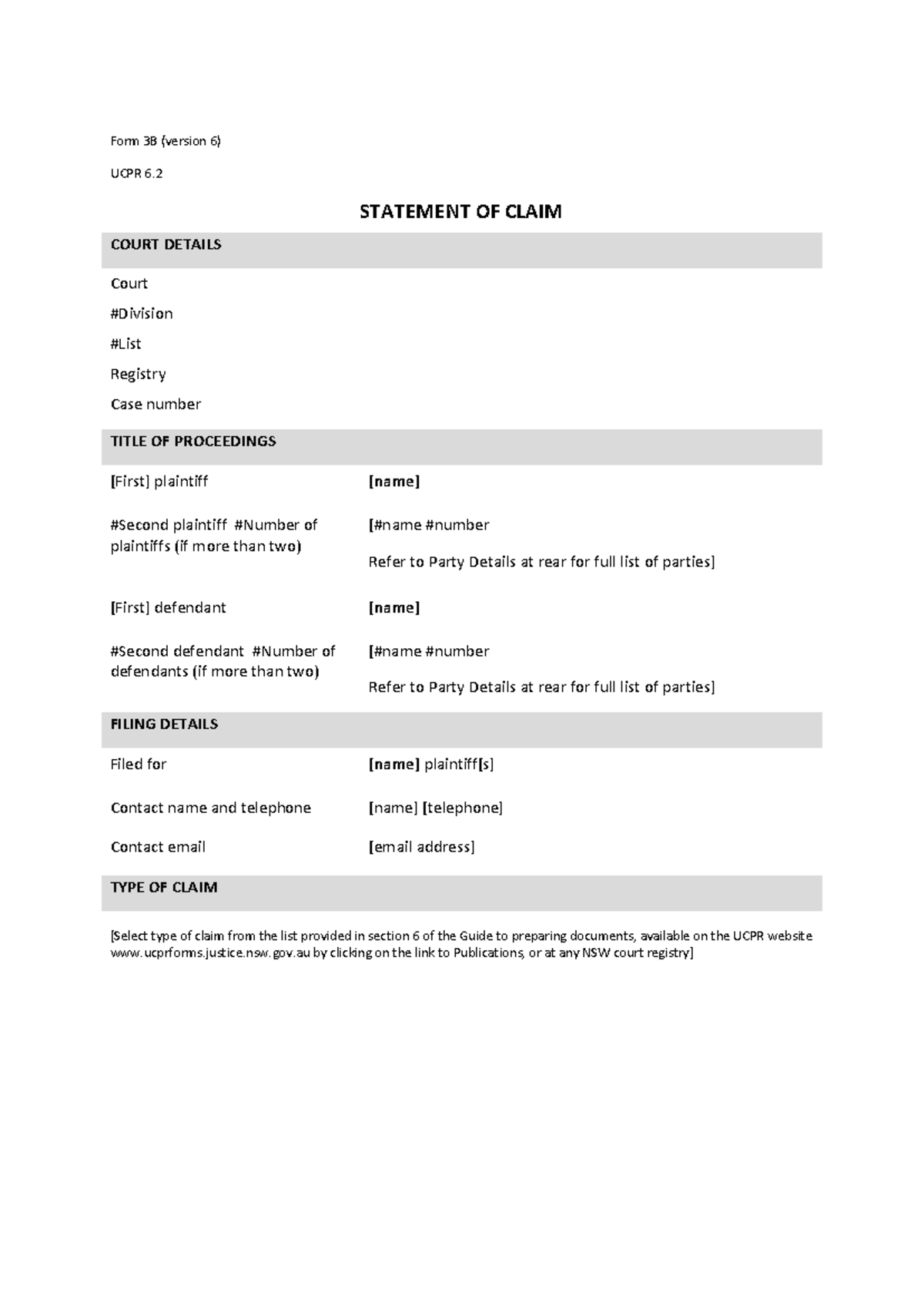 Form 3B v6 - Statement of Claim - Legal Document Template - Studocu