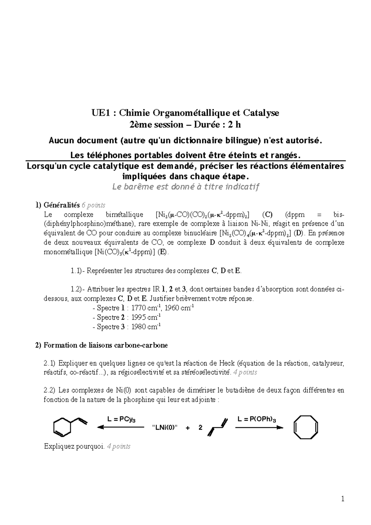Contrôle corrigé 5 Chimie Organométallique et Catalyse - UE1 : Chimie ...