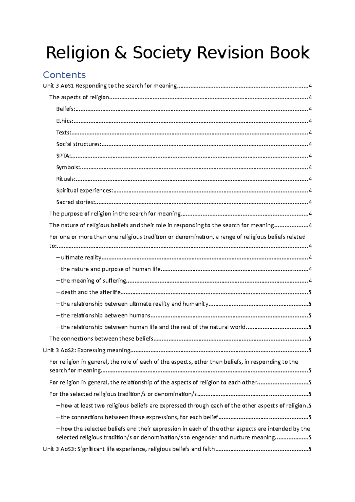 Religion & Society Revision Summary (RAS) for Exam Preparation - Studocu