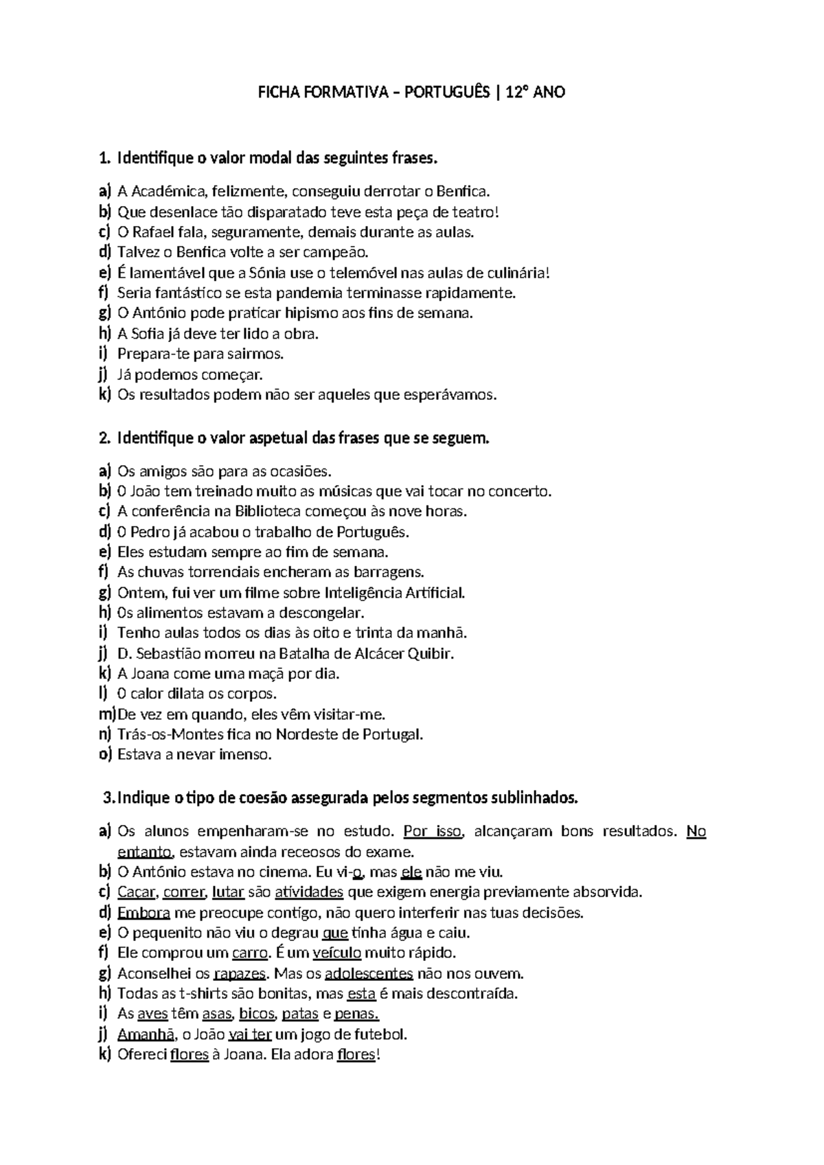 Ficha Formativa de Português 12º Ano: Modal, Aspetual e Coesão - Studocu