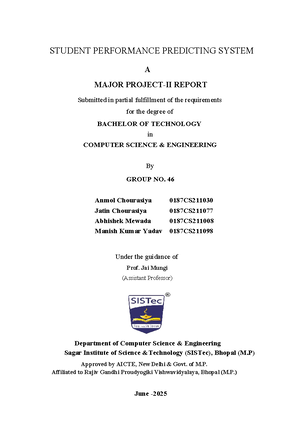 B.Tech Major Report: Student Performance Prediction System (CSE 0187CS211) - Studocu
