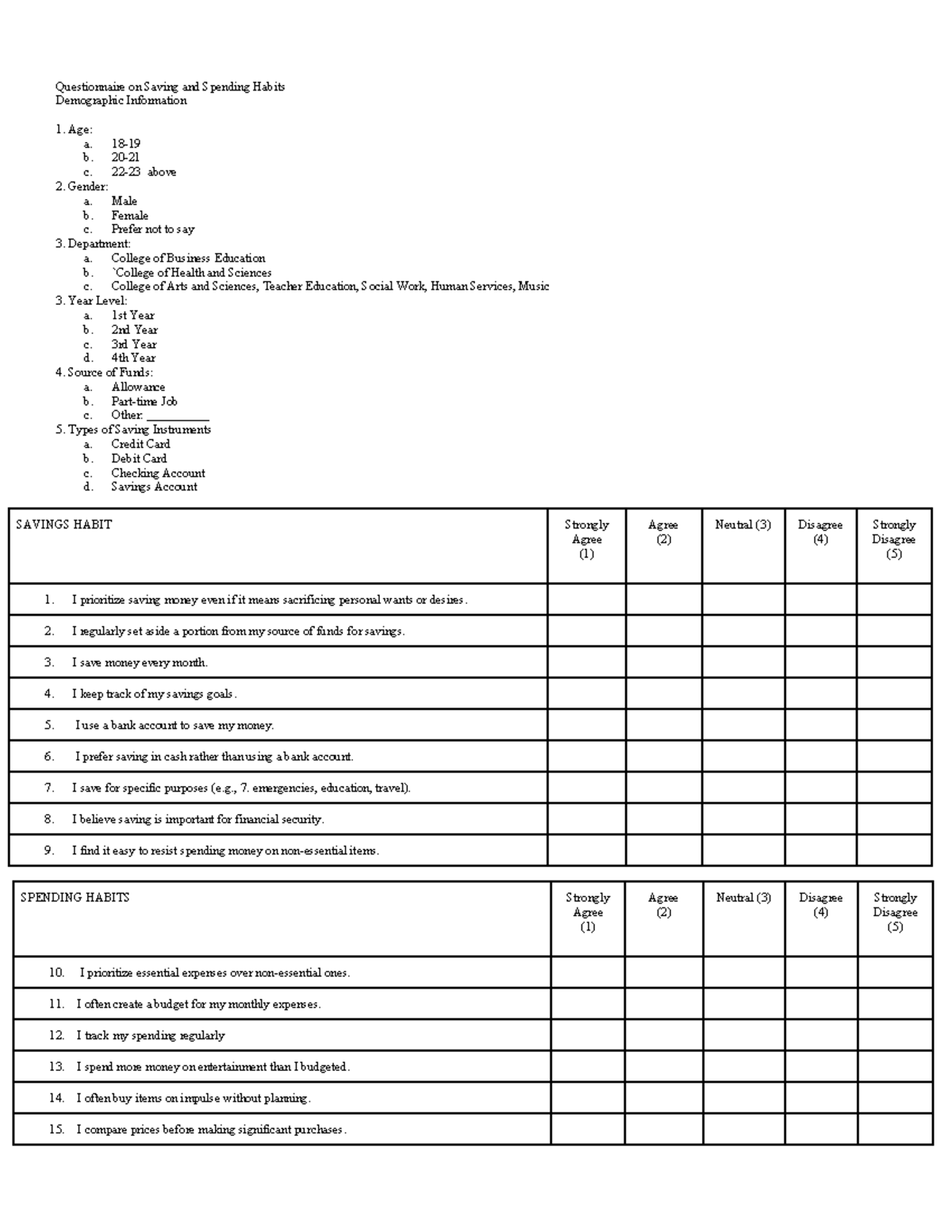 Questionnaire - Saving and Spending Habits Research Study - Studocu