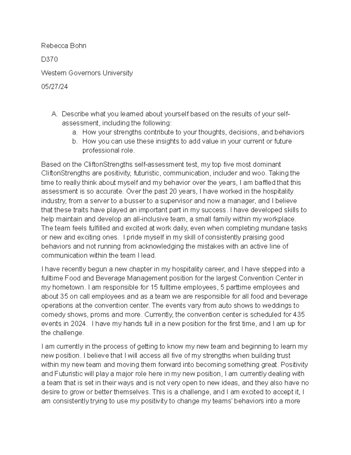 TASK 1 Self Assessment D370 WGU Rebecca Bohn Reflection on Strengths ...