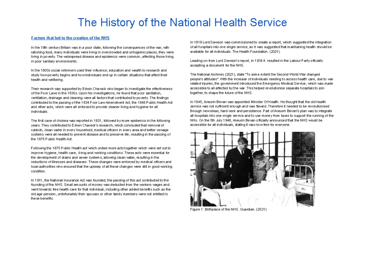 Unit 6 history of the NHS - History of the NHS Factors that lead to the ...
