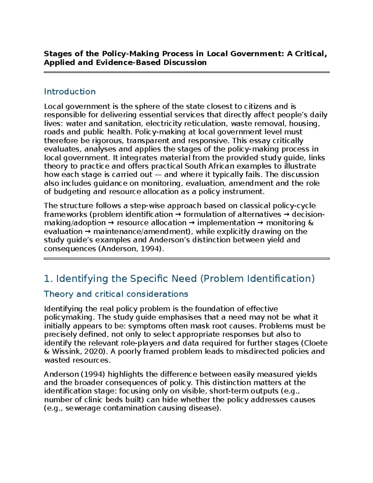 Critical Analysis of the Local Government Policy Process: A South ...