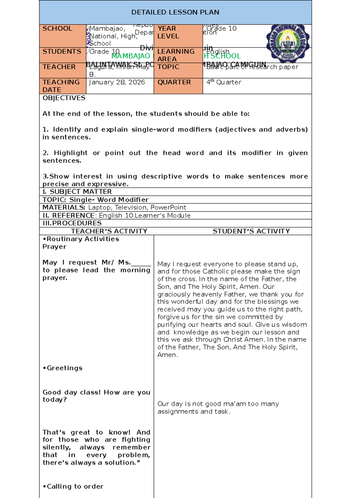 Grade 10 English Lesson Plan: Understanding Single-Word Modifiers - Studocu