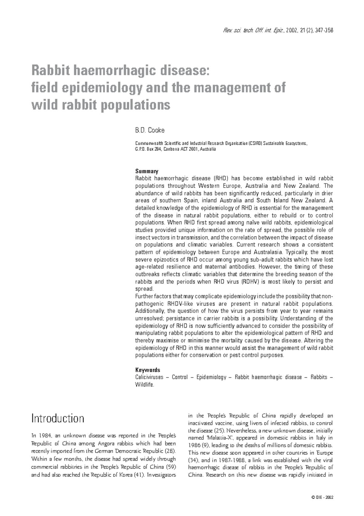 Cientificas 038 - Rabbit Haemorrhagic Disease: Epidemiology ...