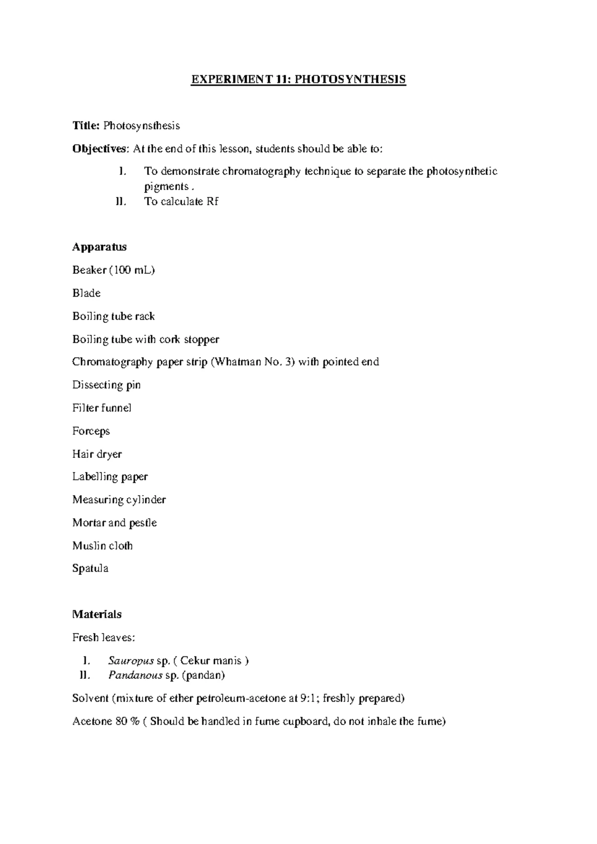 Experiment 11- Photosynthesis - EXPERIMENT 11: PHOTOSYNTHESIS Title ...