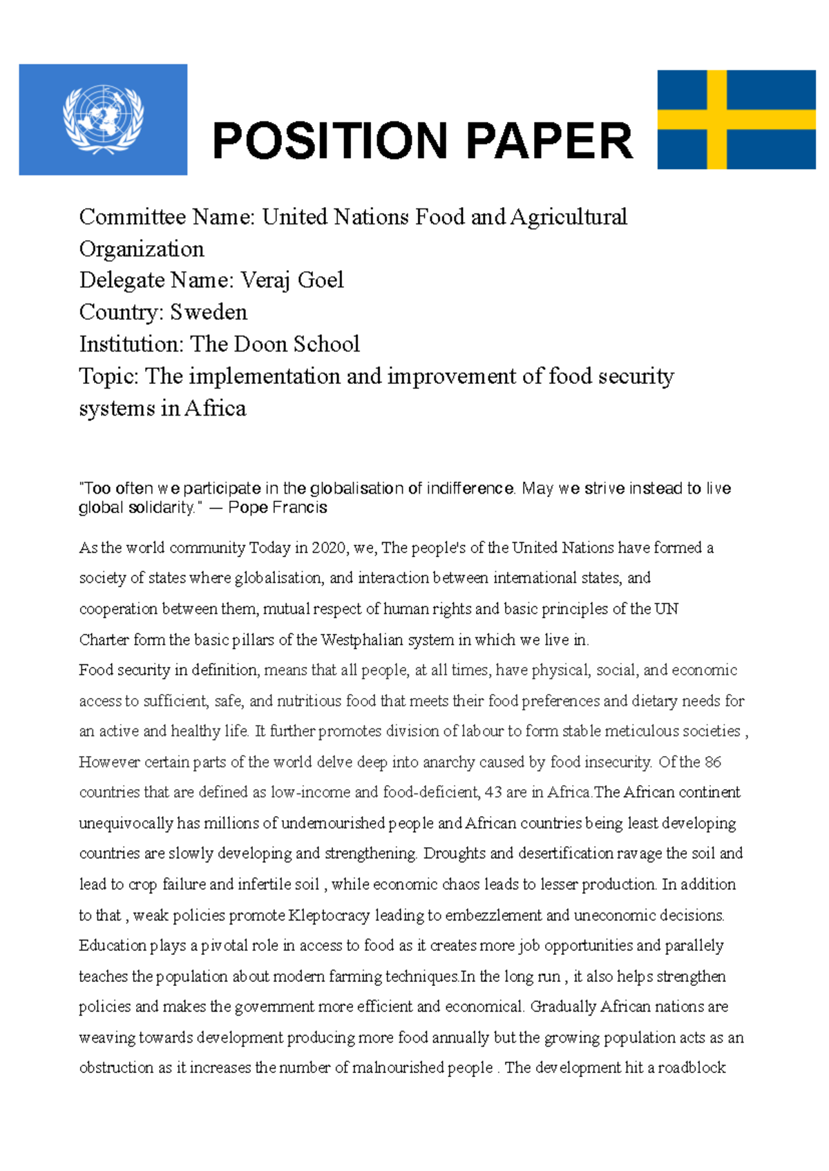 Position Paper ( Sweden) - POSITION PAPER Committee Name: United ...