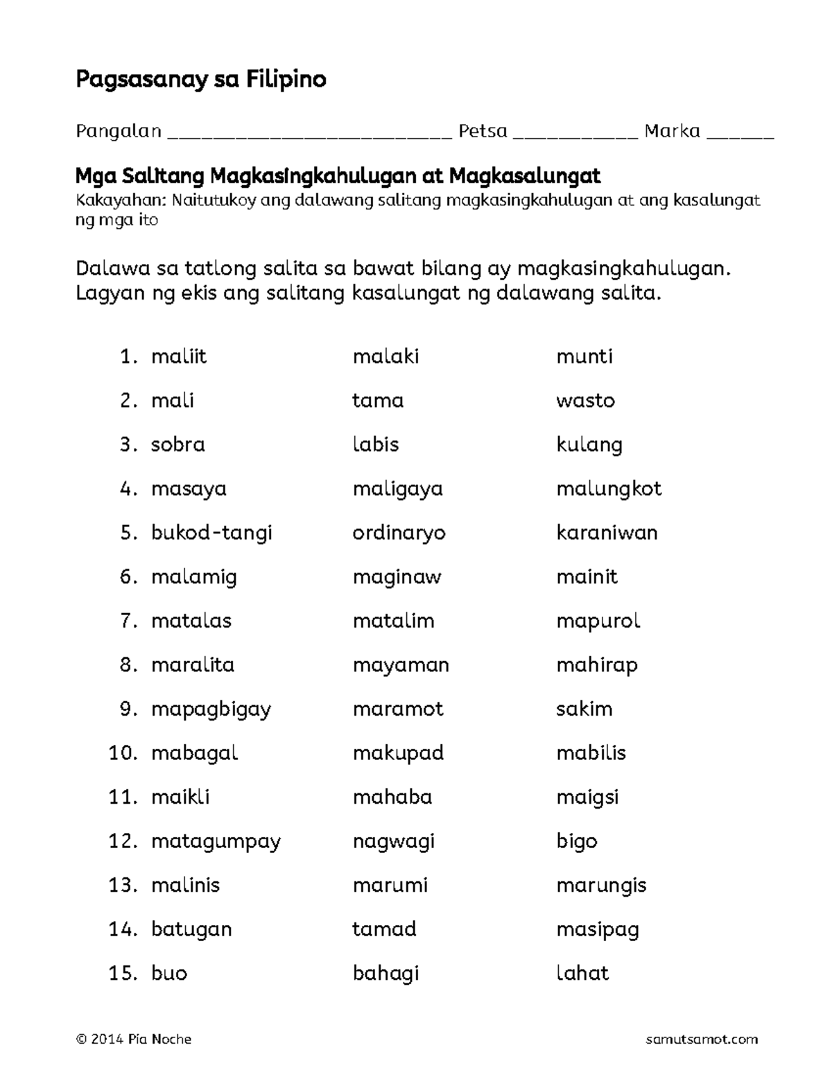 Mga Salitang Magkasingkahulugan at Magkasalungat Grade 2 Worksheet 1 ...