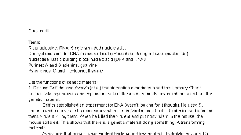 Chapter 10 Study Guide: DNA Structure & Genetic Material Analysis - Studocu