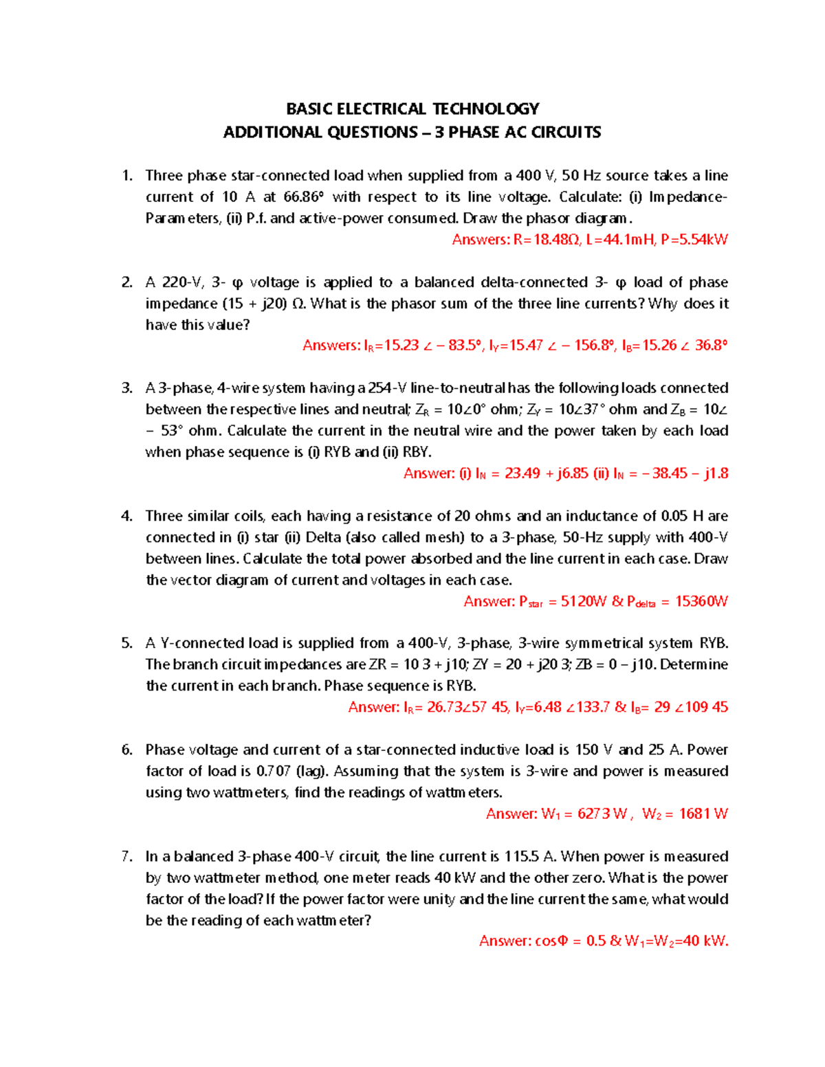 3-Phase AC Circuits Practice Problems for Electrical Tech Course - Studocu