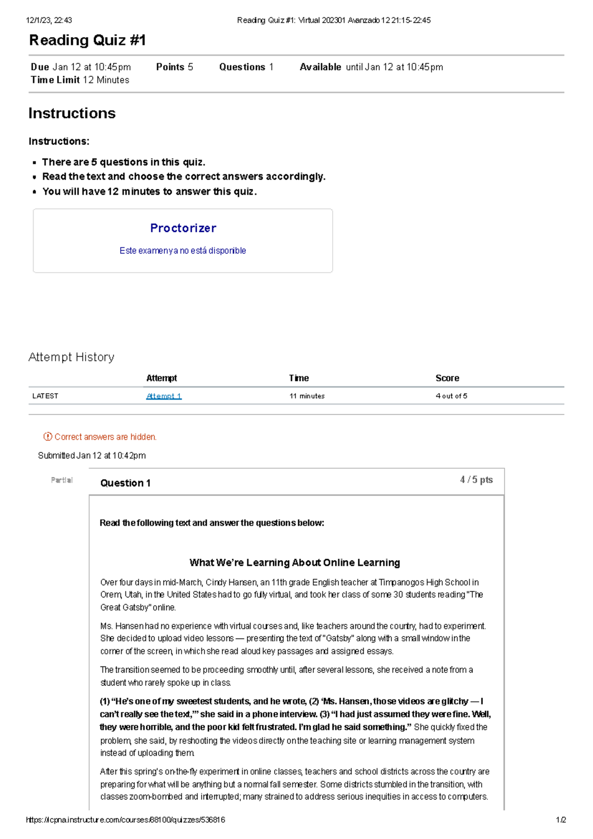 Reading Quiz #1: Virtual 202301 Avanzado 12 (Due Jan 12, 10:45 PM ...