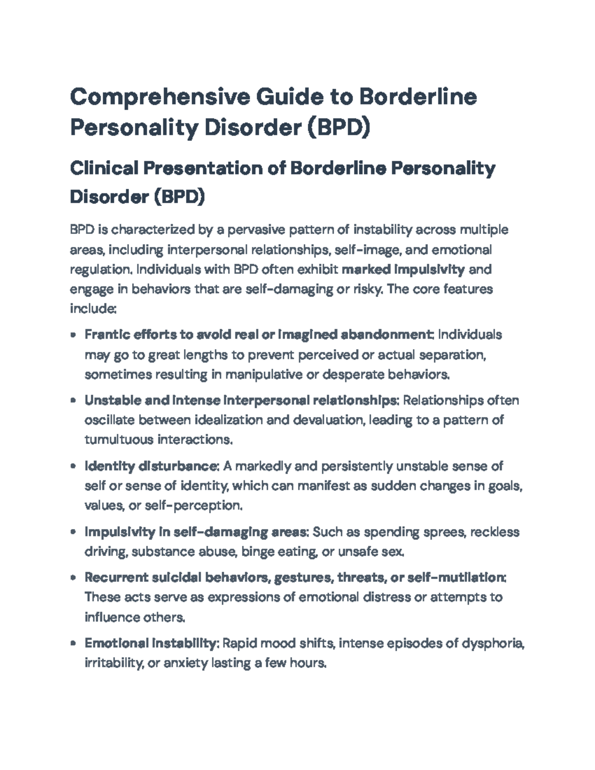 Comprehensive Overview of Borderline Personality Disorder (BPD) - Studocu
