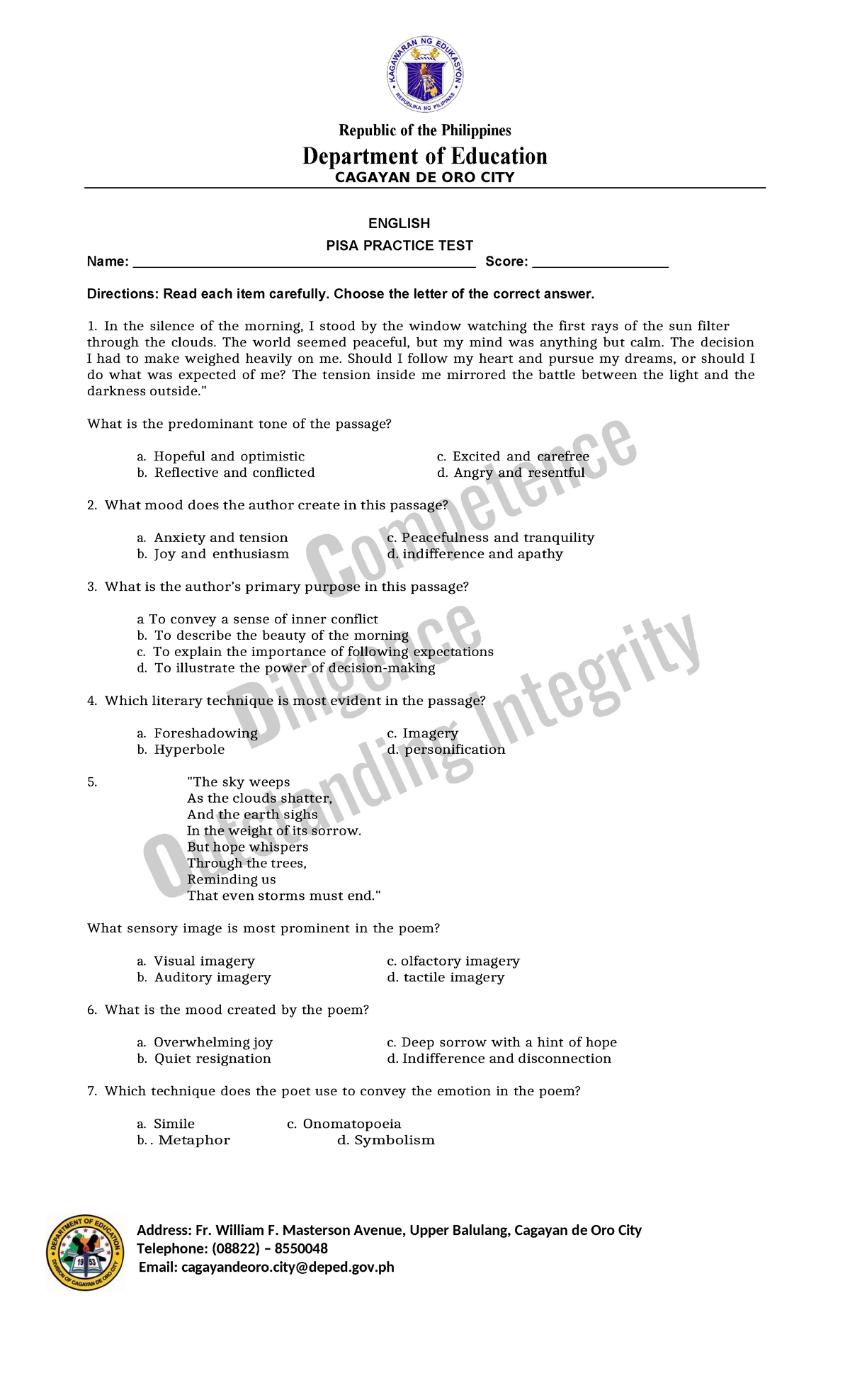 English 10 PISA Practice TEST 1 - Address: Fr. William F. Masterson ...