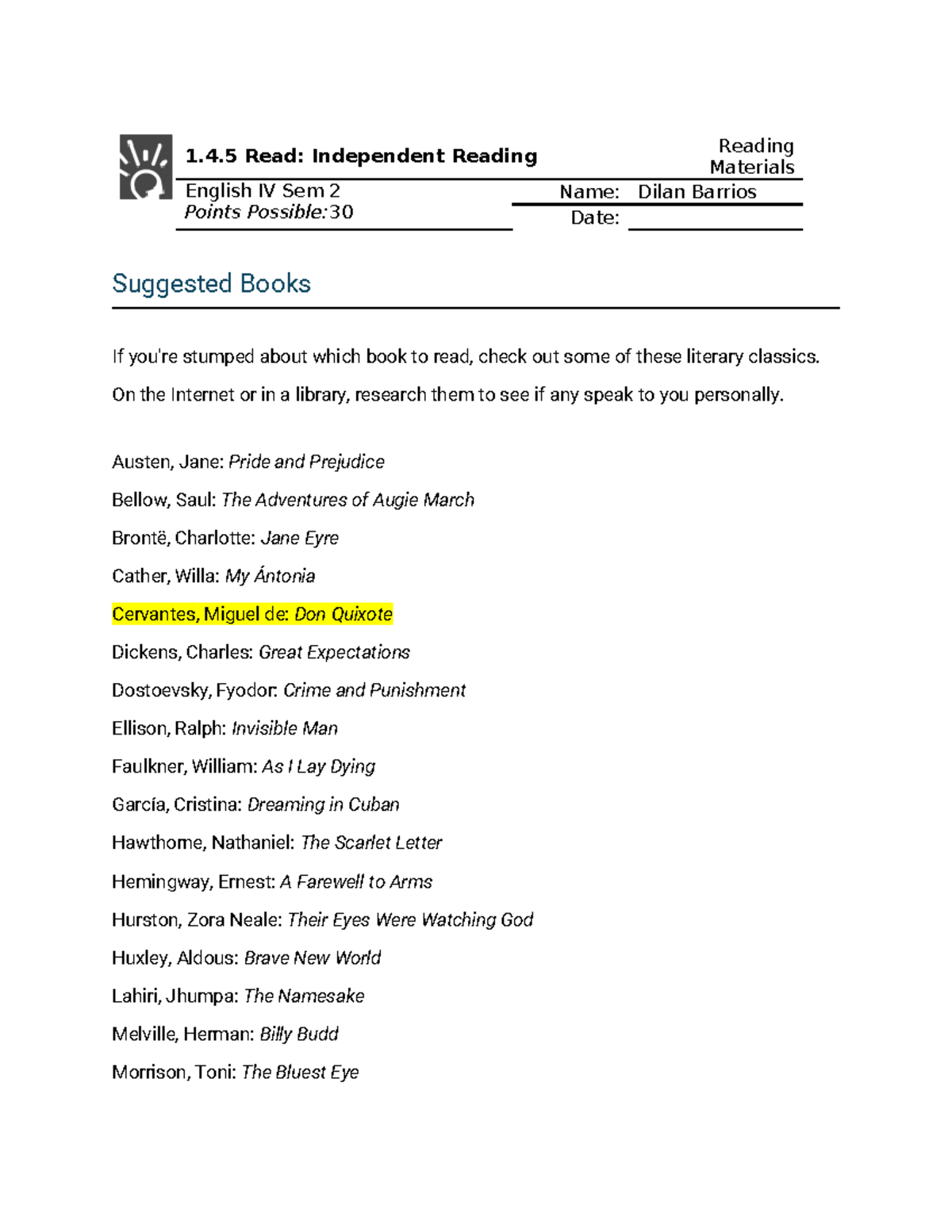 1.4.5 Independent Reading: Literary Classics Analysis for English IV ...