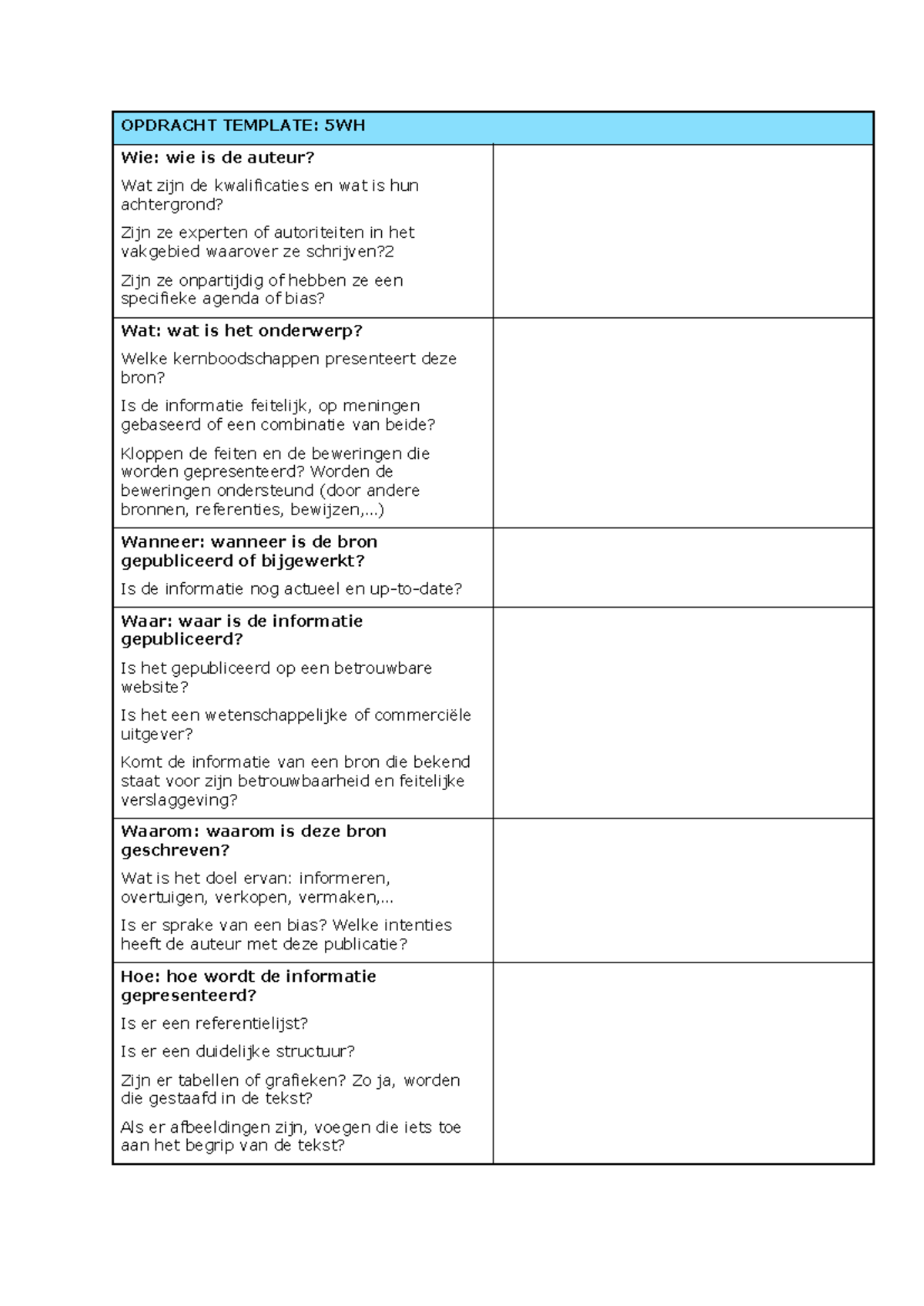 5WH Beoordelingstemplate voor Bronanalyse - Studocu
