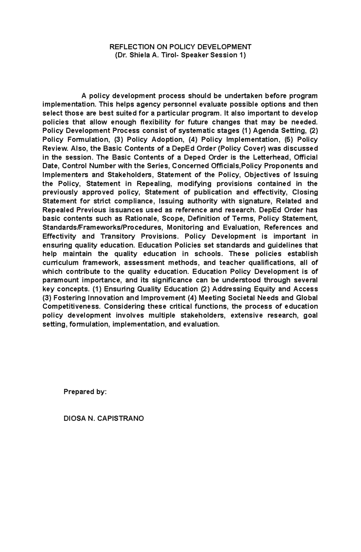 Reflection on Policy Development and Strategic Planning (EDU 101) - Studocu