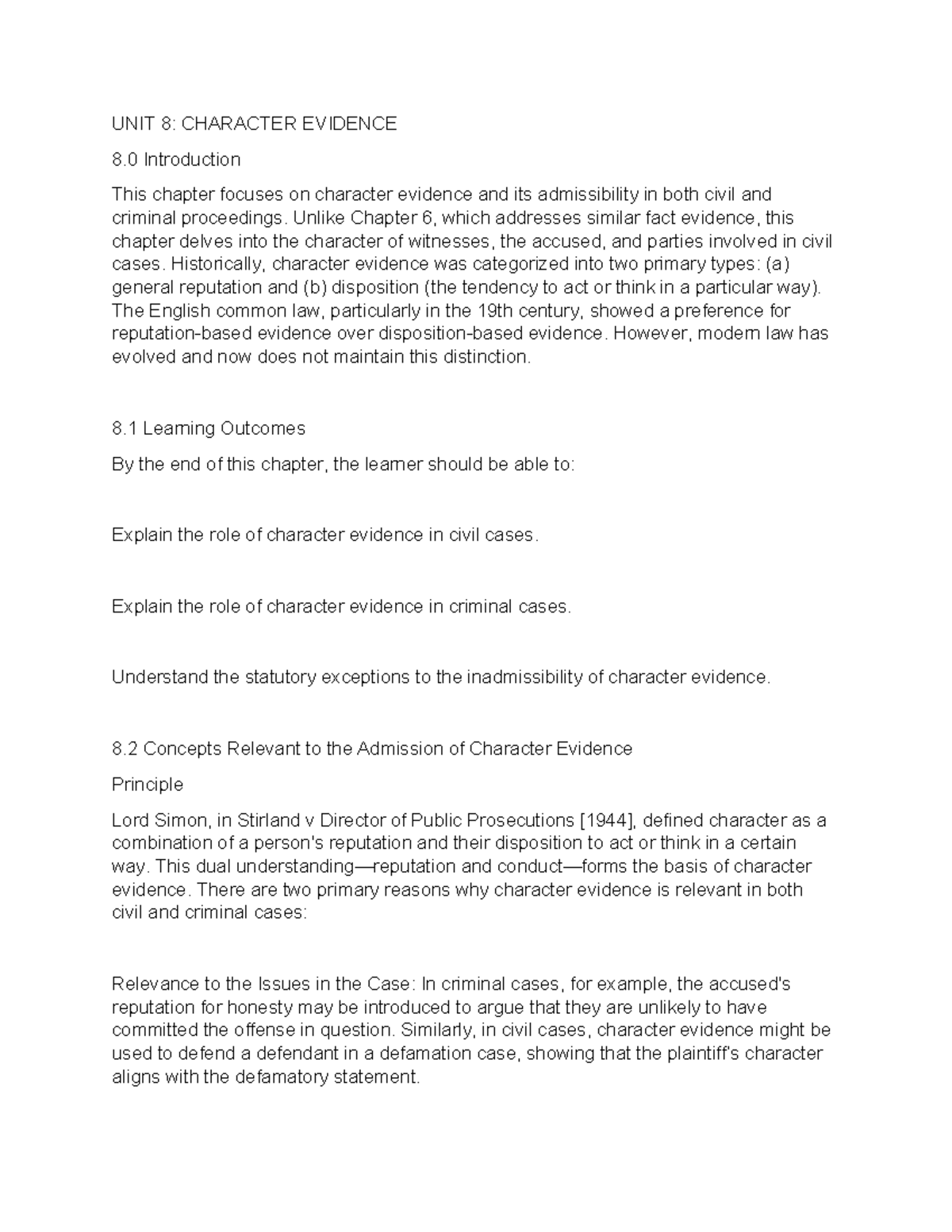 Character Evidence in Civil and Criminal Proceedings - LAW 101 - UNIT 8 ...