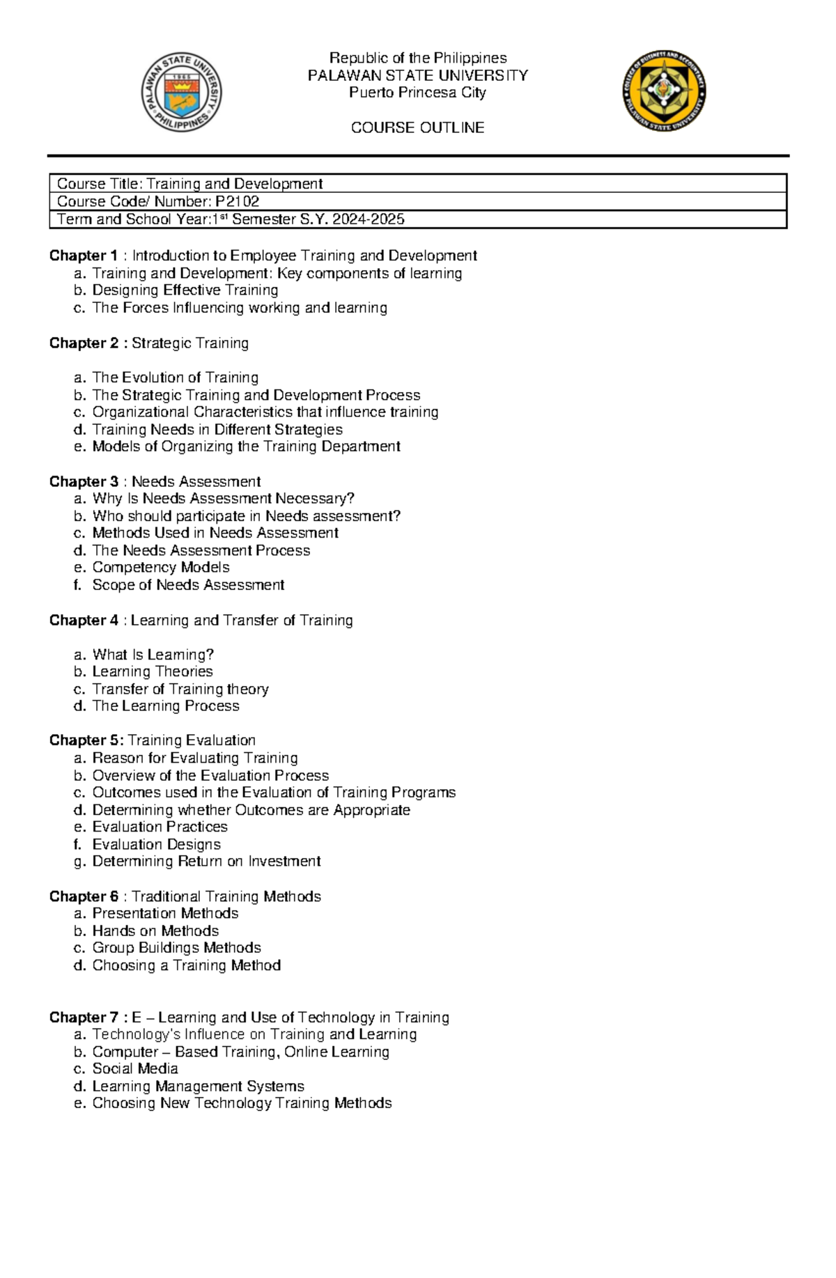 Training and Dev Course Outline - Republic of the Philippines PALAWAN ...