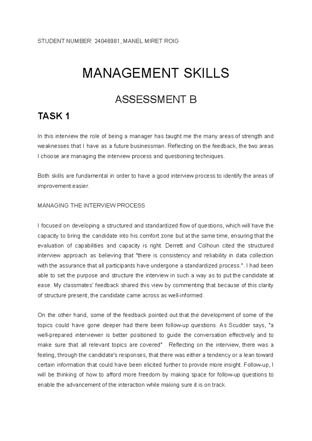 Management Skills Assessment B - Reflection on Interviewing ...