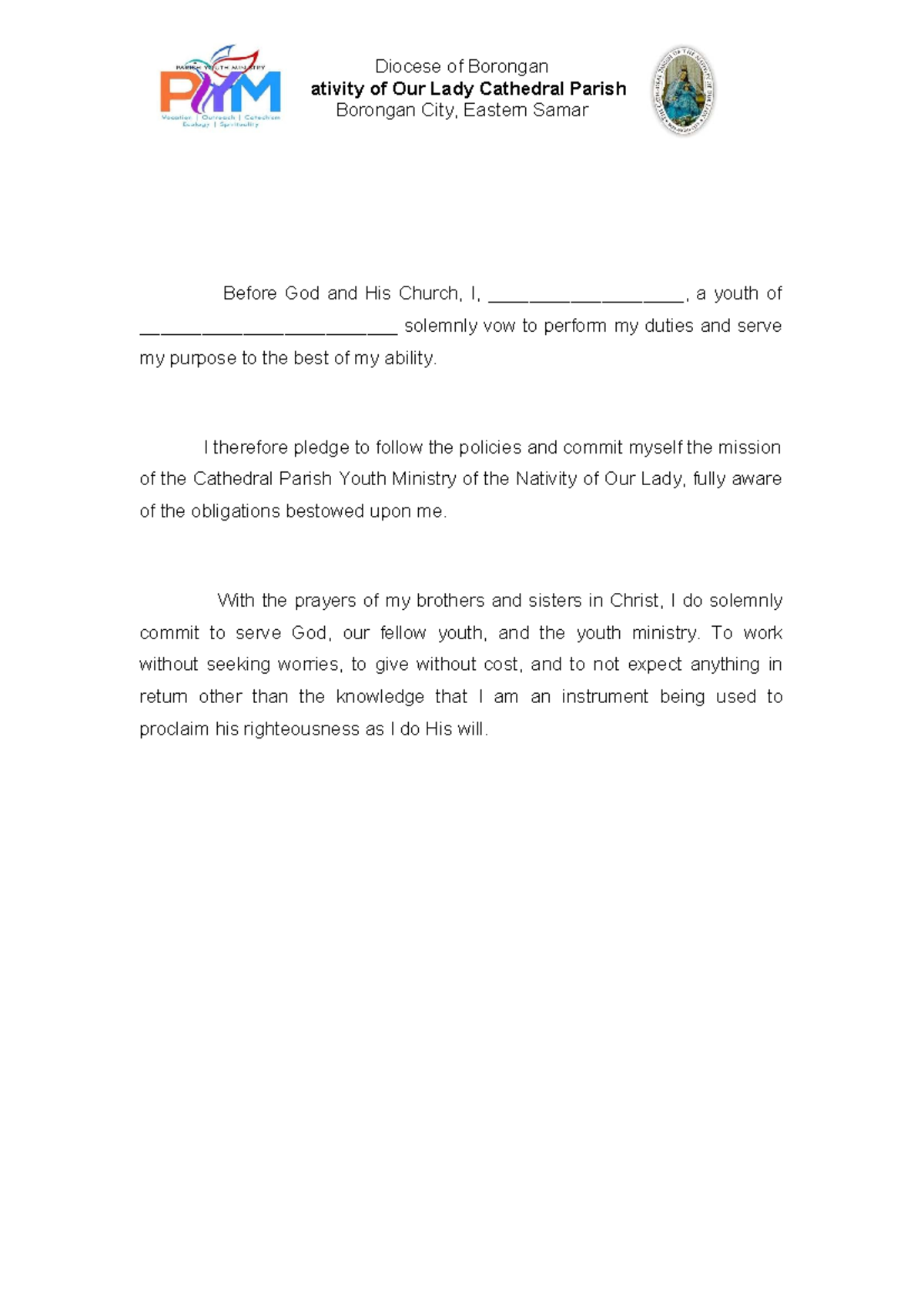 Pledge of Commitment to Youth Ministry - Diocese of Borongan - Studocu