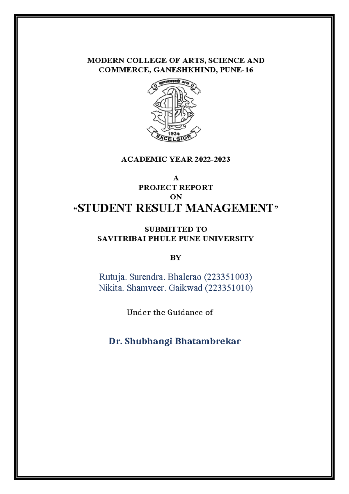 Project Report on Student Result Management System (CS101) - Studocu