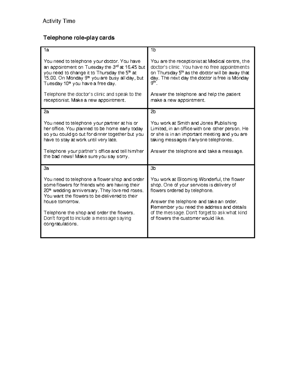 Role Play Activity Sheet: Telephone Conversations for Practice - Studocu