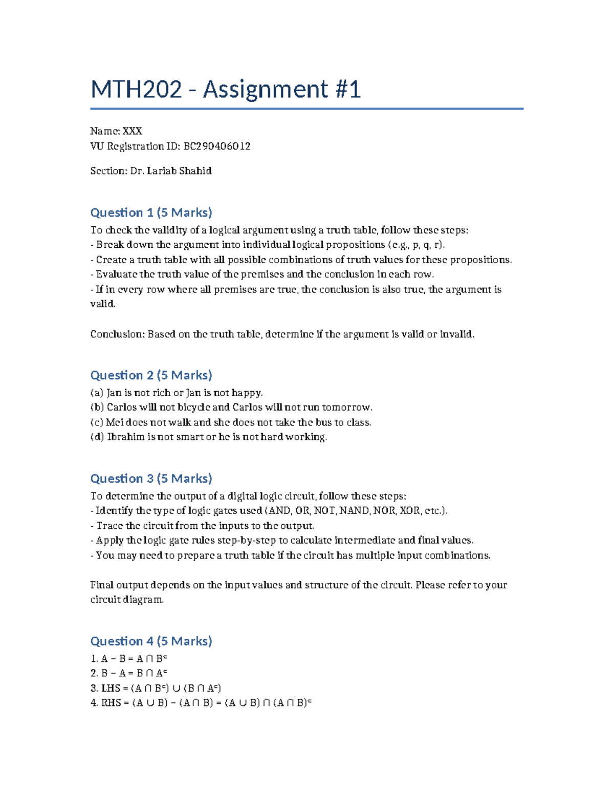 MTH202 Assignment 1: Validity of Logical Arguments & Logic Circuits ...