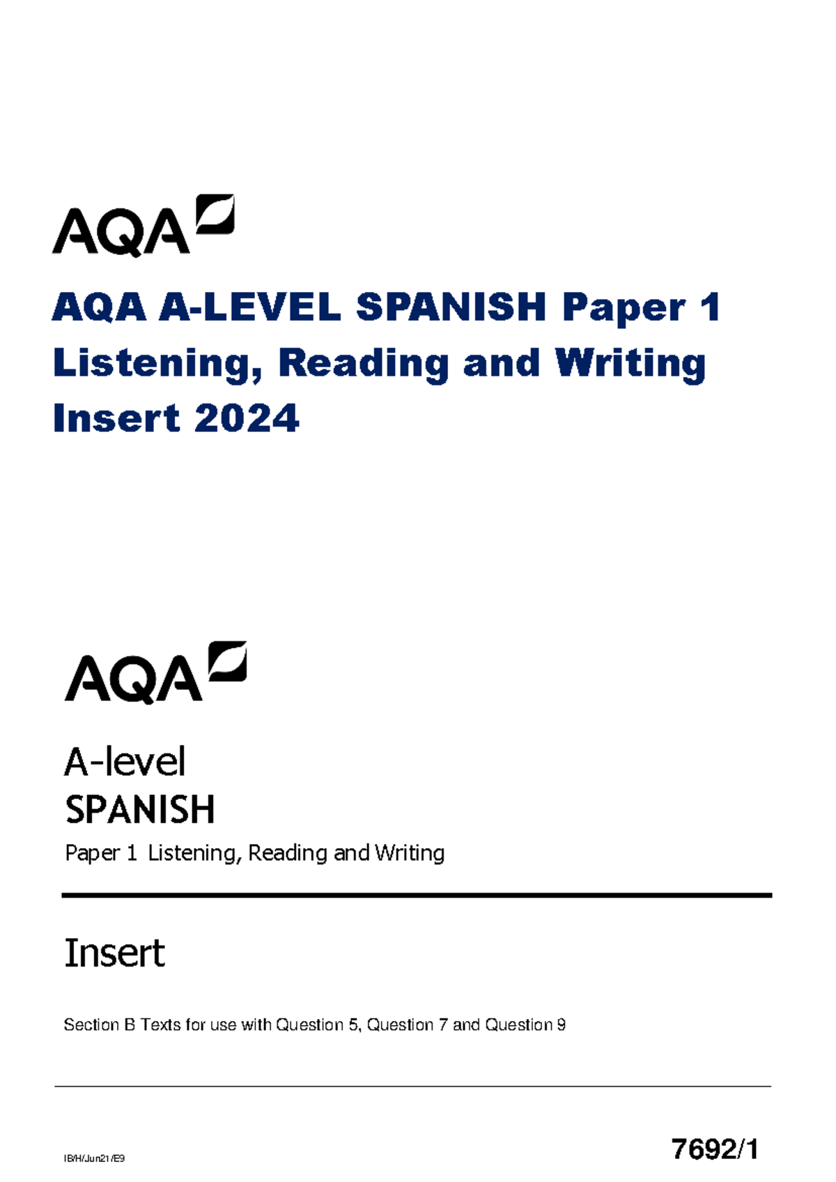AQA A-Level Spanish Paper 1 Listening, Reading & Writing Insert 2024 ...