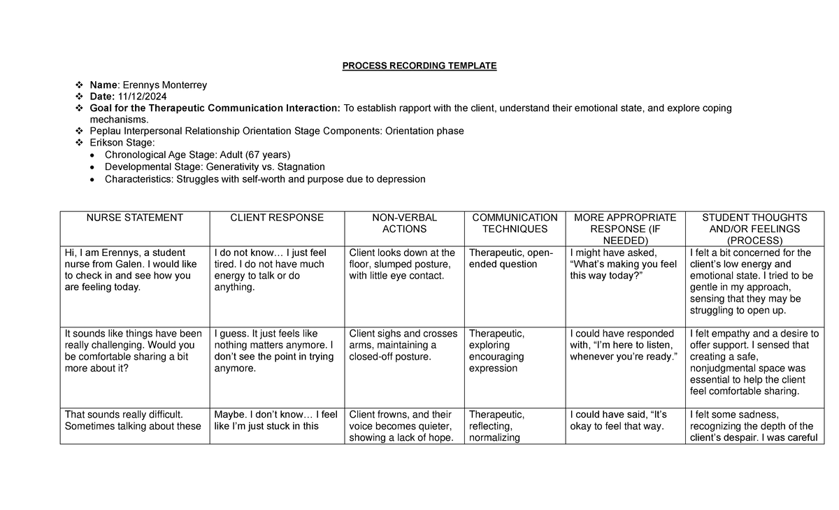 Mental Health Process Recording - PROCESS RECORDING TEMPLATE Name ...