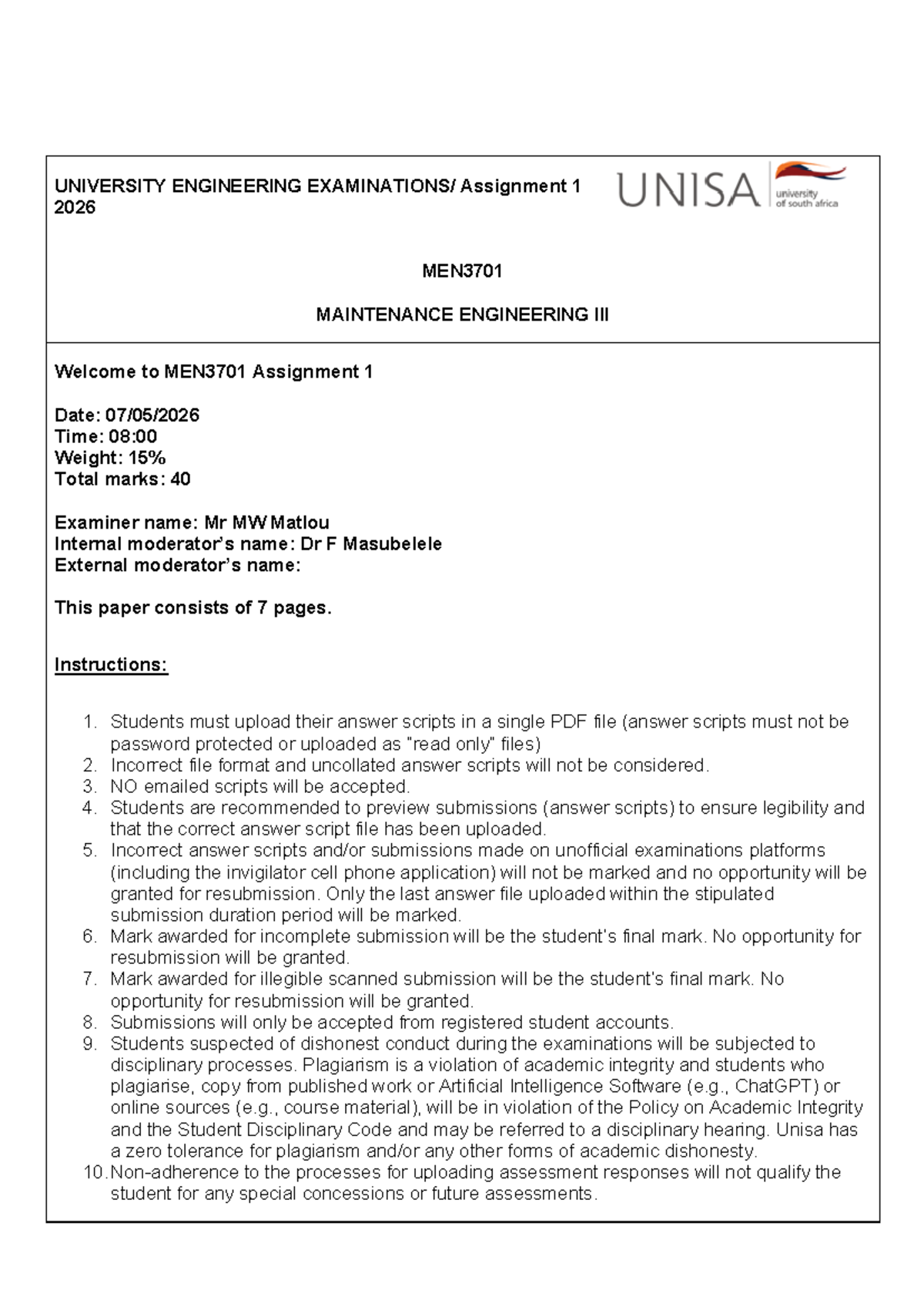 MEN3701 Assignment 1: Maintenance Engineering Practices 2026 - Studocu