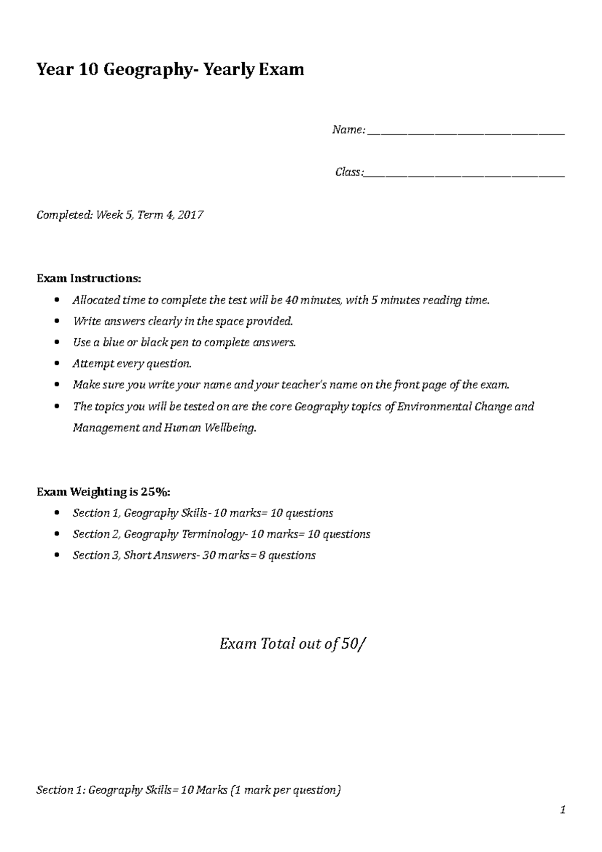 Year 10 Geography Exam - Yearly Assessment Overview and Instructions ...